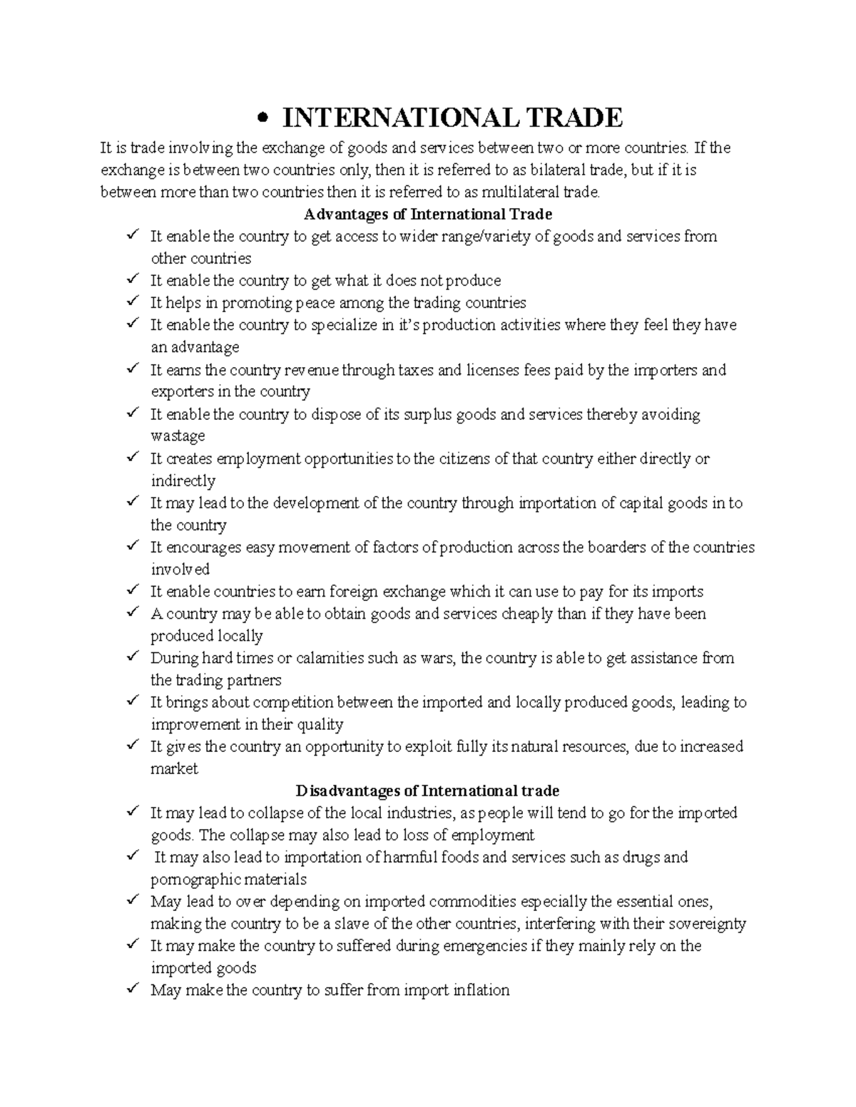 International Trade - NOTES - INTERNATIONAL TRADE It is trade involving ...