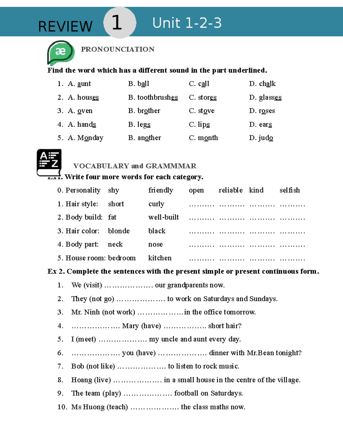 REVIEW UNIT 1, 2, 3 - Vocabulary Practice for G4 - Studocu