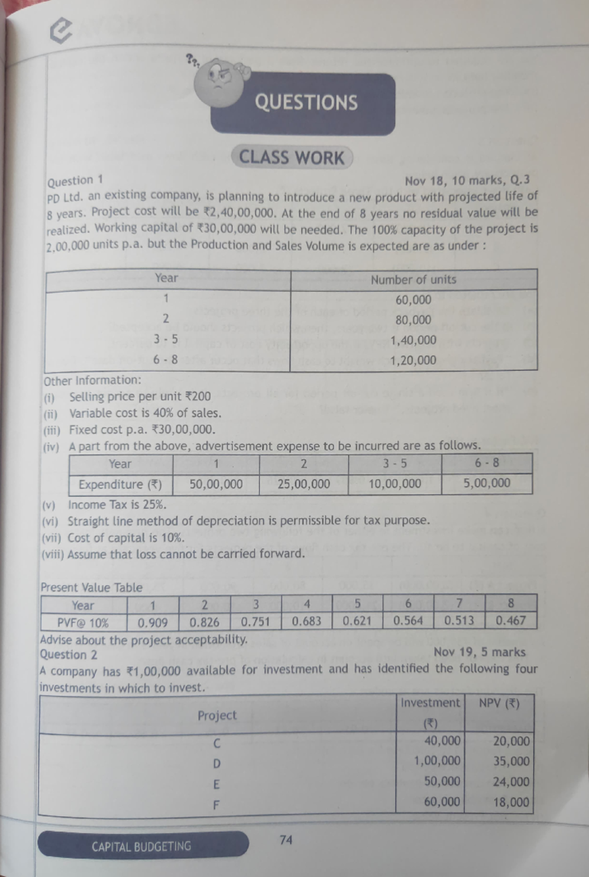 Capital Budgeting - Sums for practice and enhance writing skills - QUESTIONS CLASSWORK Question ...