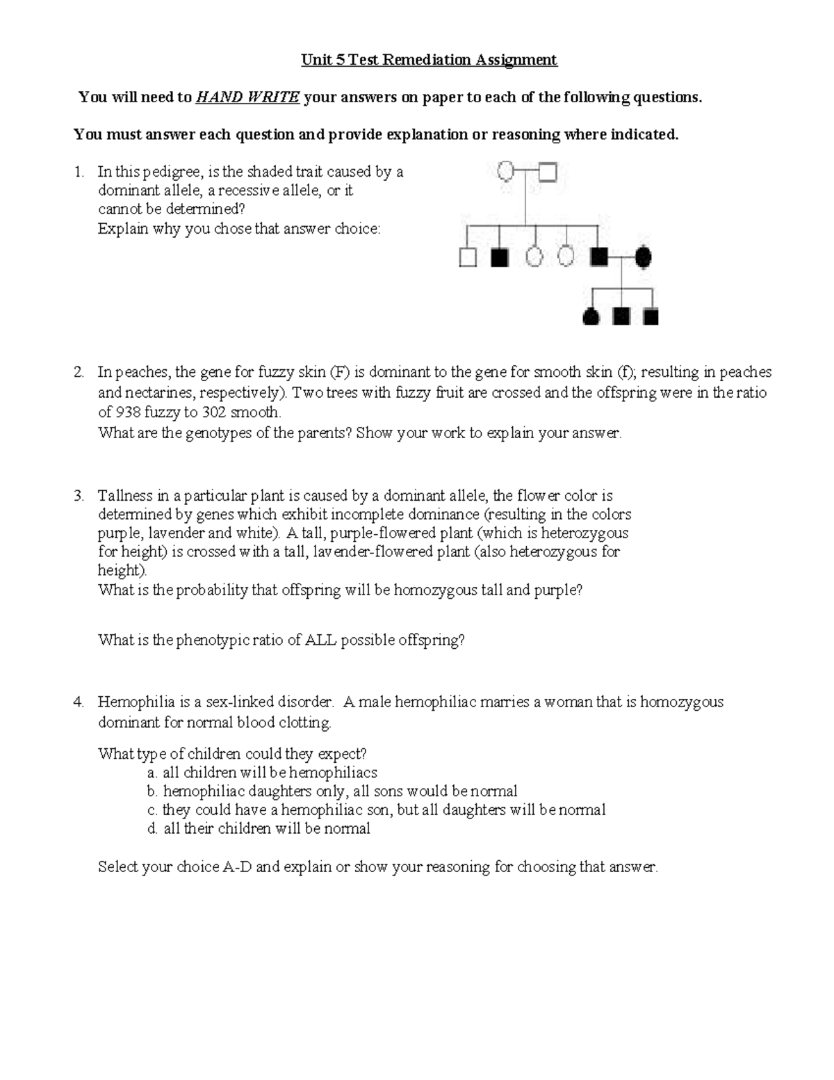 Unit 5 Test Remediation Assignment: Genetics Concepts and Analysis ...