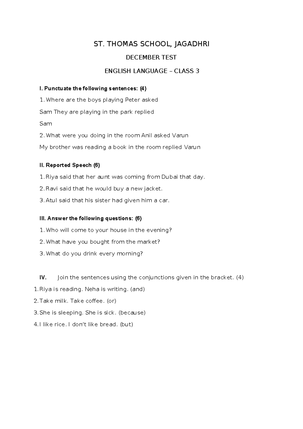 ST. THOMAS SCHOOL DECEMBER TEST ENGLISH LANGUAGE CLASS 3 - Studocu