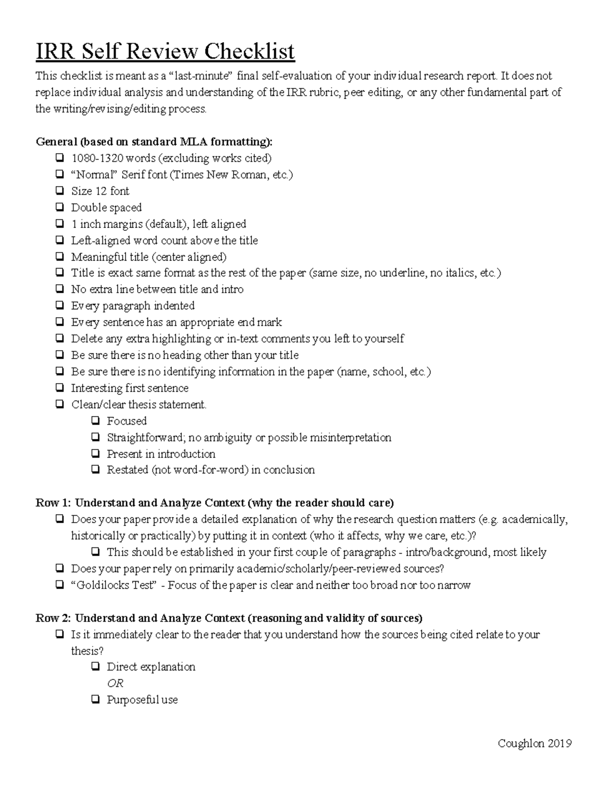 IRR Self Review Checklist for Individual Research Report - Studocu