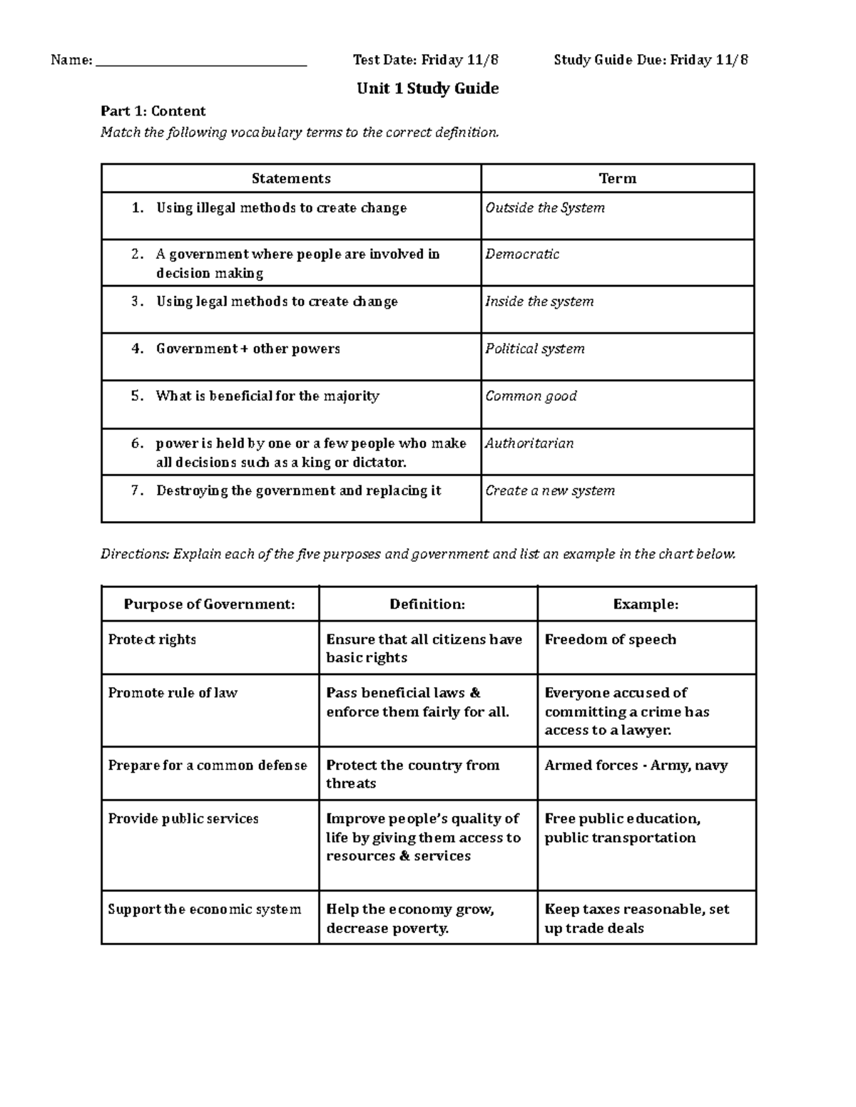 3. KEY Unit 1 Study Guide - Unit 1 Study Guide Part 1: Content Match ...