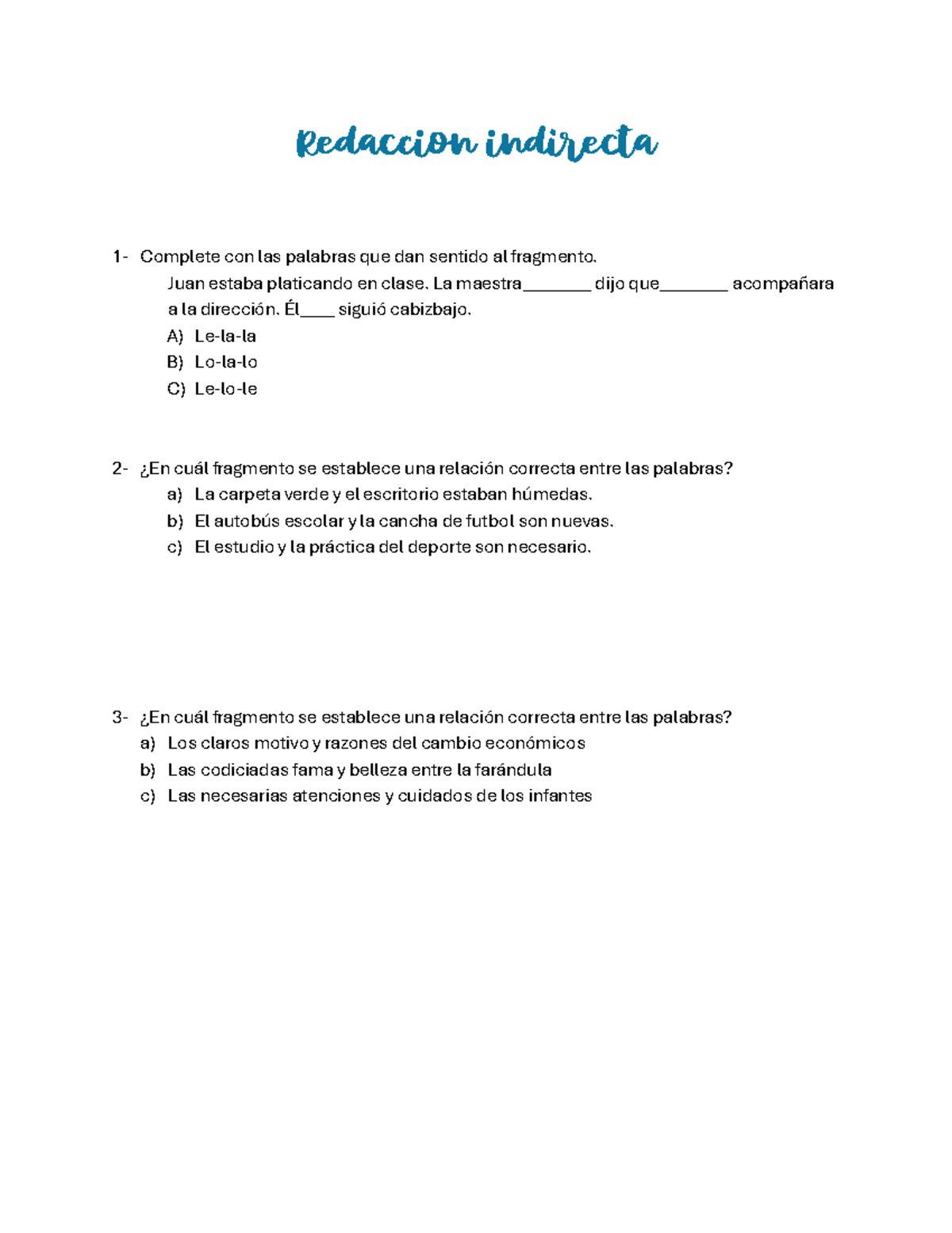 Redacción Indirecta - Ejercicios Prácticos y Respuestas - Studocu