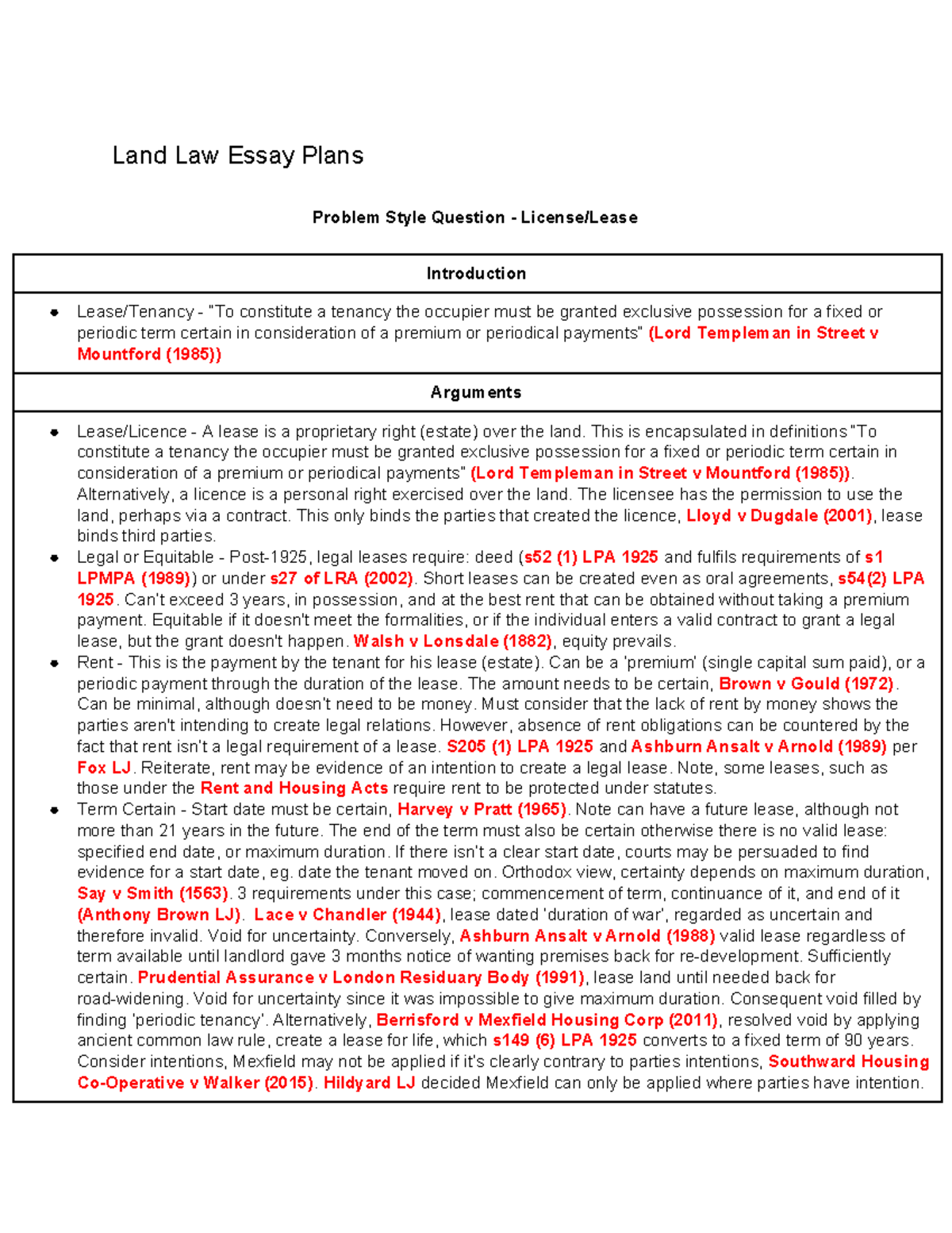 Land Law Essay Plans - Lecture Notes Overview (Lectures 1-8) - Studocu