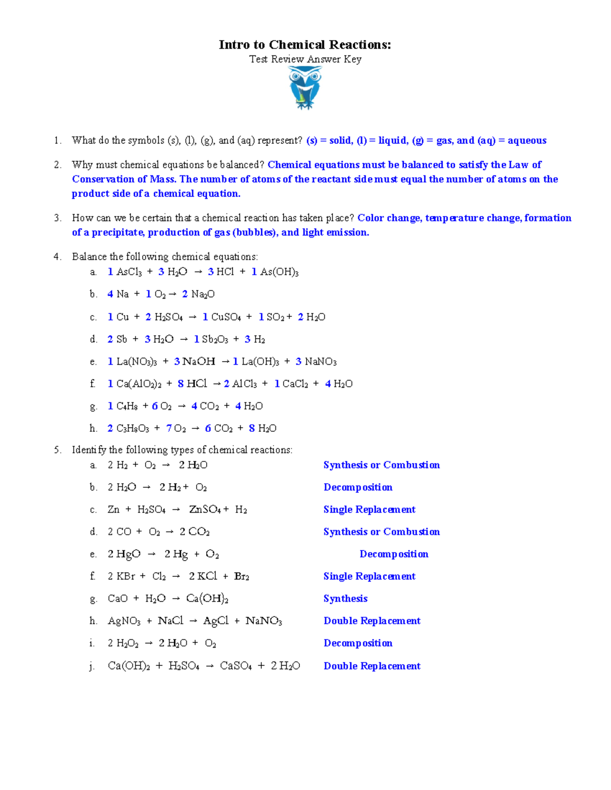 Intro to Chemical Reactions - Test Review Answer Key (Chem 101) - Studocu