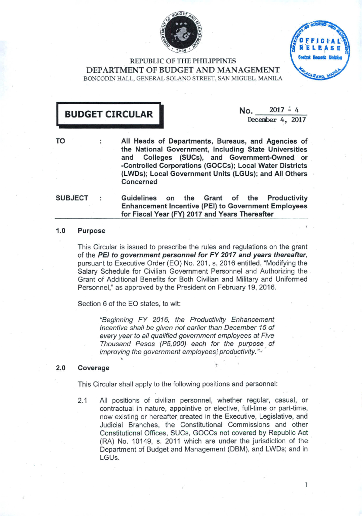 Guidelines for Granting PEI to Gov't Employees - Budget Circular No ...