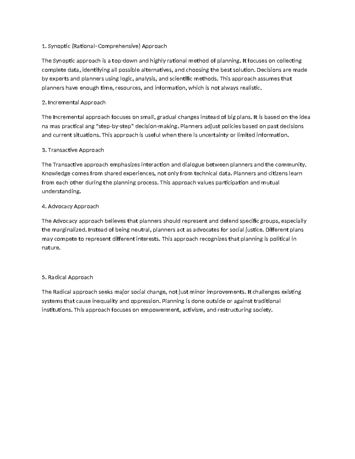 SITAR 1: Summary of Planning Approaches and Their Impacts - Studocu