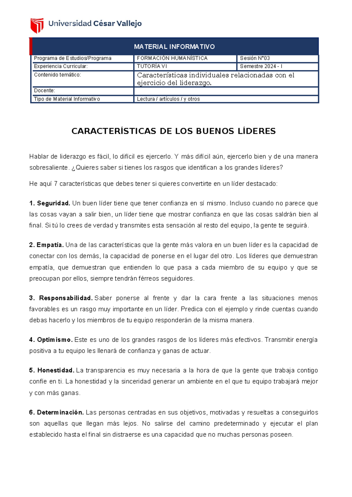 Material informativo: Características de los buenos líderes - Sesión 03 ...