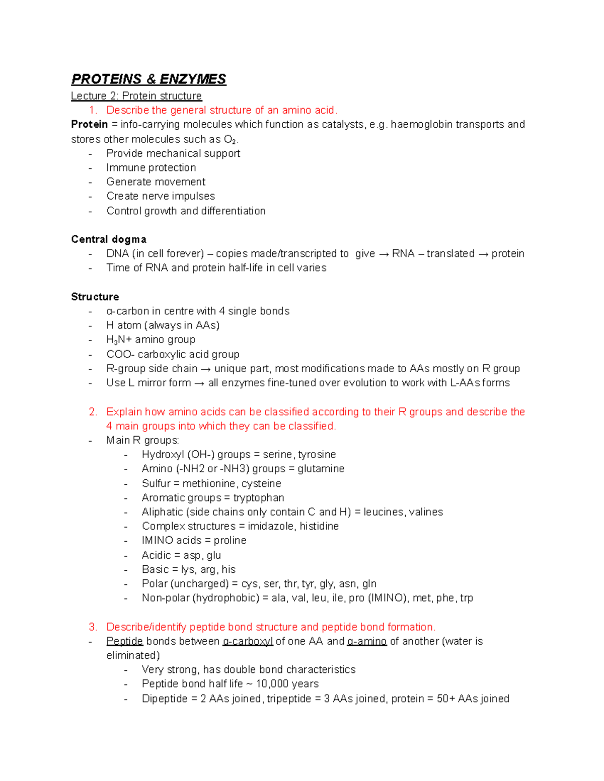 BIOC2101 - Lectures 1-8 notes - PROTEINS & ENZYMES Lecture 2: Protein ...