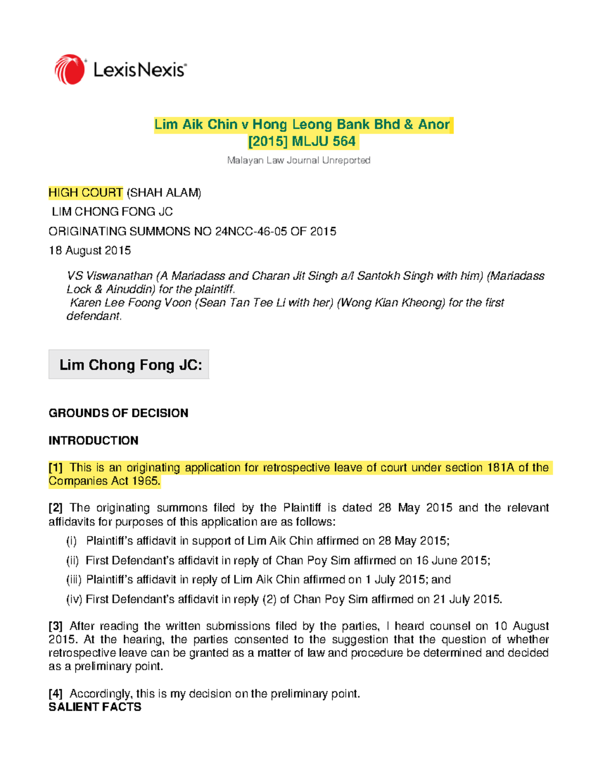Lim Aik Chin v Hong Leong Bank Bhd [2015] MLJU 564: Court Decision ...