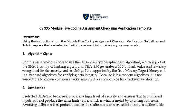 CS 305 Module 5 Coding Assignment: Checksum Verification Guide - Studocu