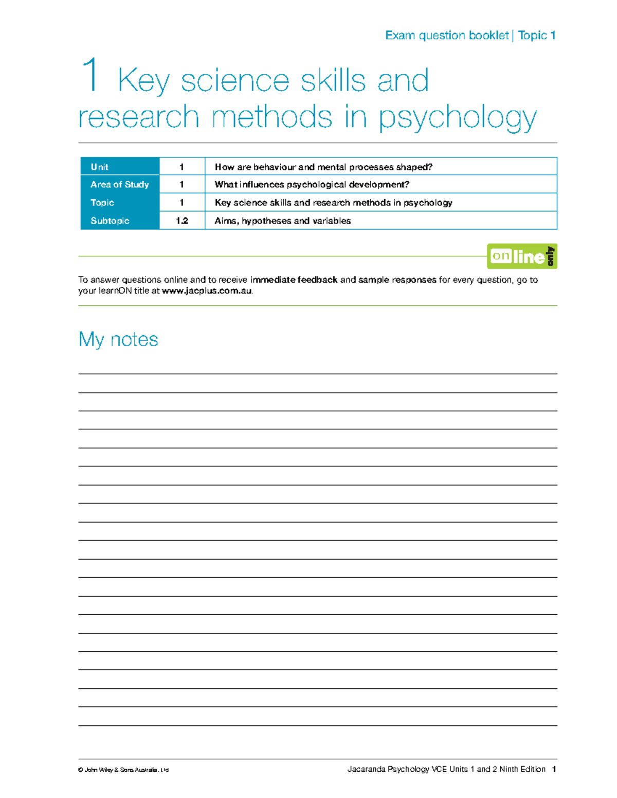 VCE Psychology Unit 1: Chapter 1 Exam Question Booklet - Studocu