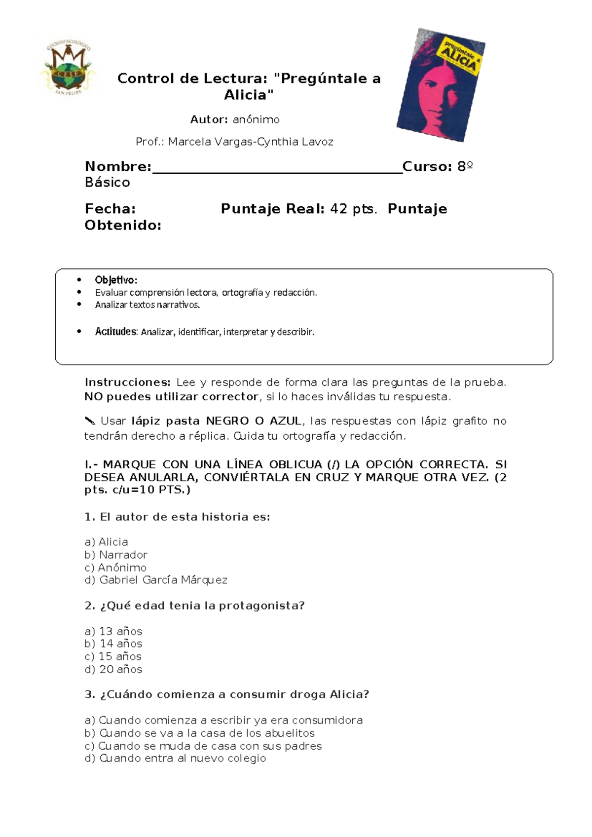 Evaluación de Comprensión Lectora: Preguntas sobre Alicia - 8º Básico ...
