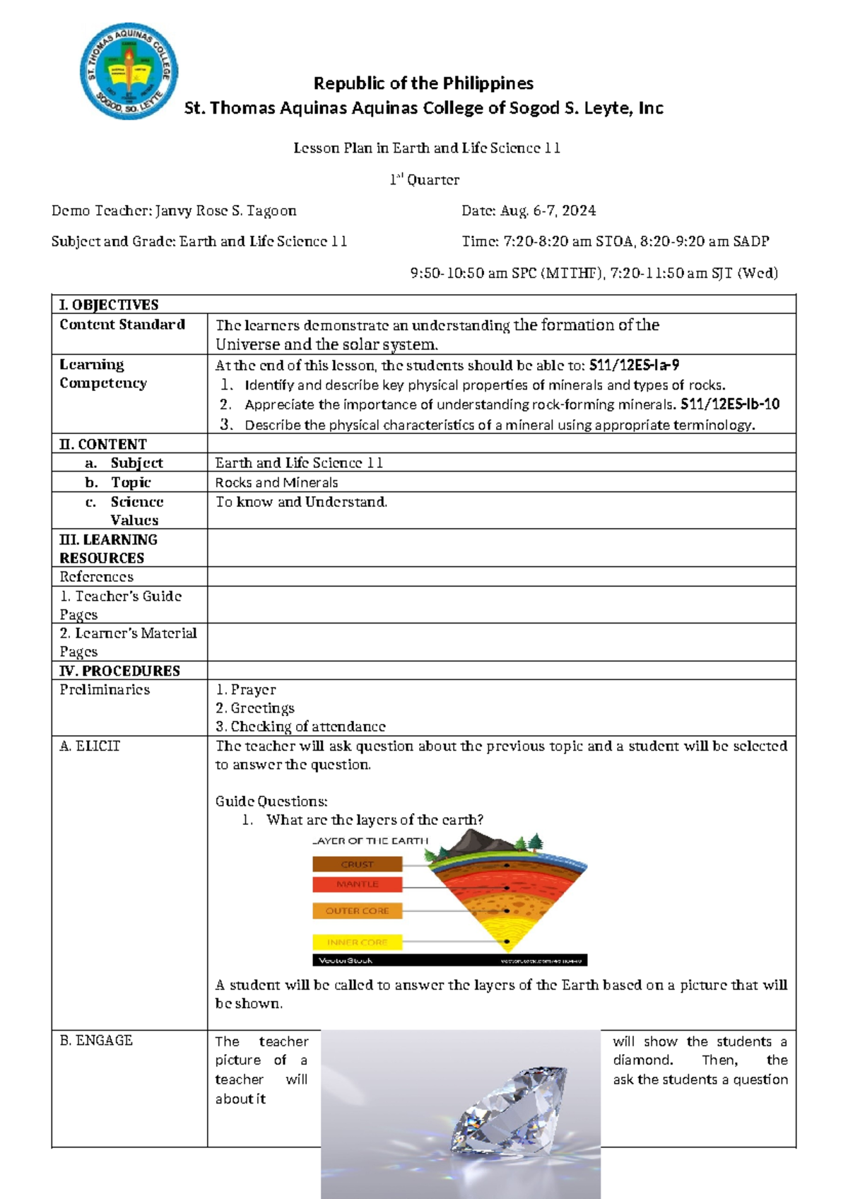 DLP- Science-11: Lesson Plan on Minerals and Rocks (1st Quarter) - Studocu