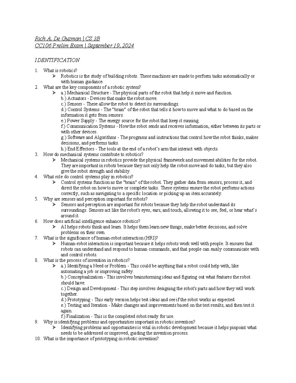 CS 3B CC106 Prelim Exam Study Guide on Robotics Concepts - Studocu