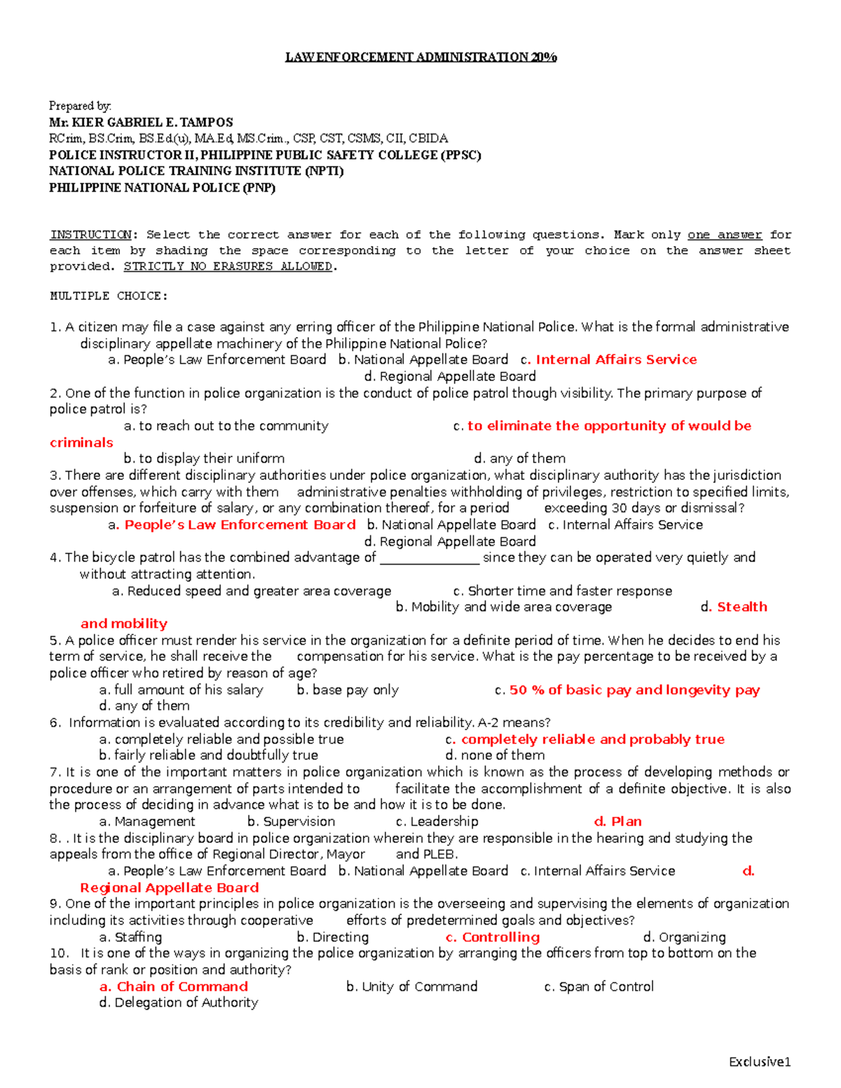 LAW Enforcement Exam Prep Part I: 100 MCQ Items for RCrim - Studocu