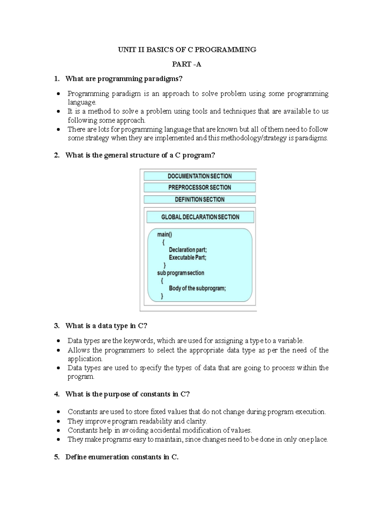 UNIT II C PROGRAMMING BASICS - PART 1 OVERVIEW - Studocu