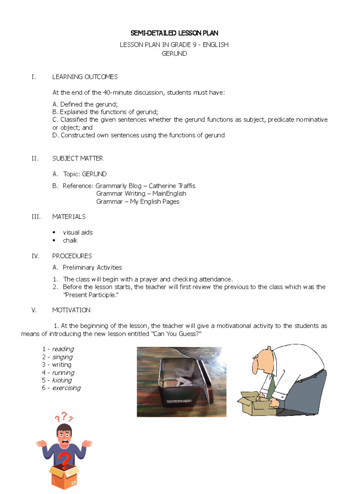Semi-Detailed Lesson Plan for Grade 9 English: Understanding Gerunds ...