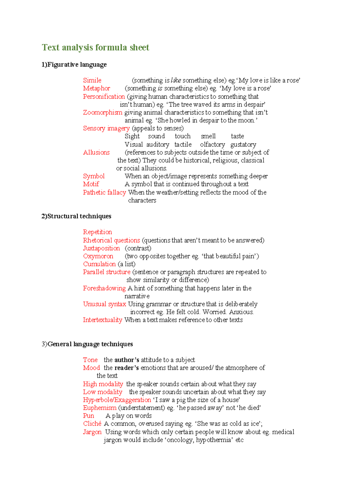 Text Analysis Formula Sheet: Figurative & Structural Techniques - Studocu