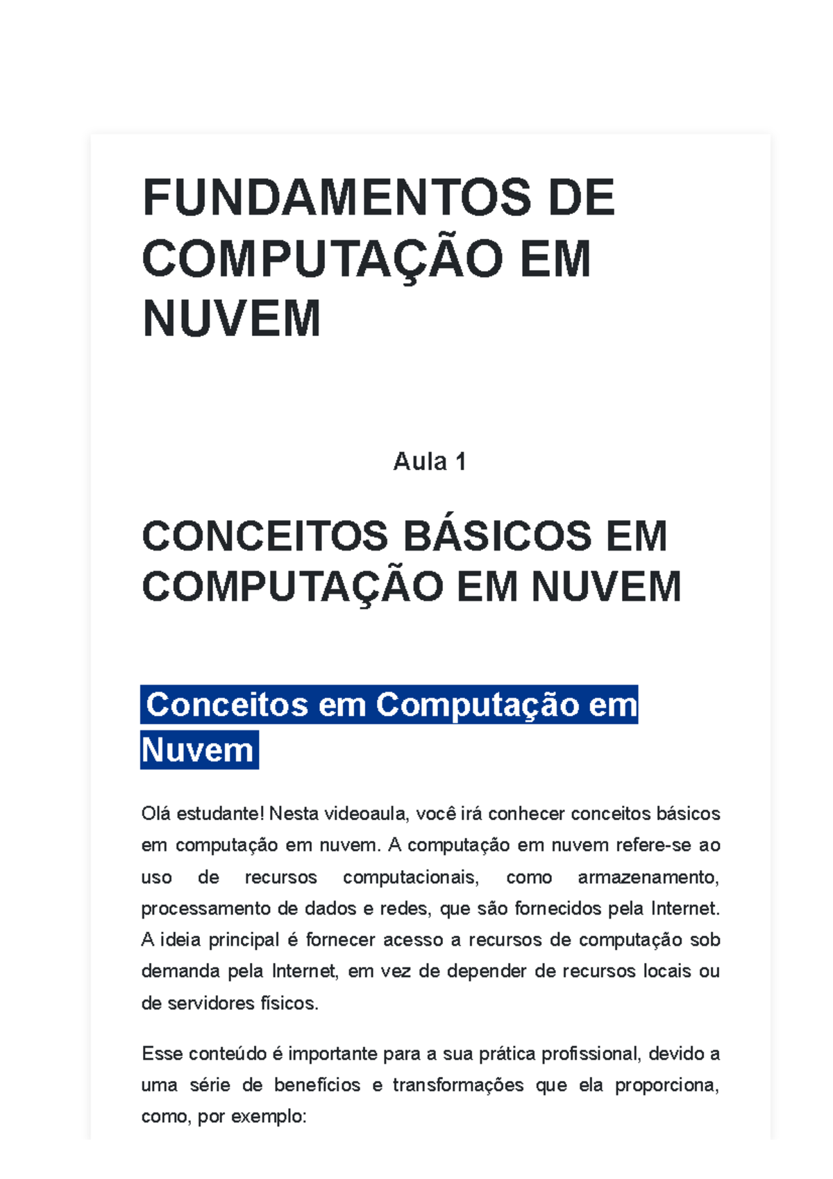 Fundamentos e Modelos de Serviço em Computação em Nuvem (COMP101) - Studocu