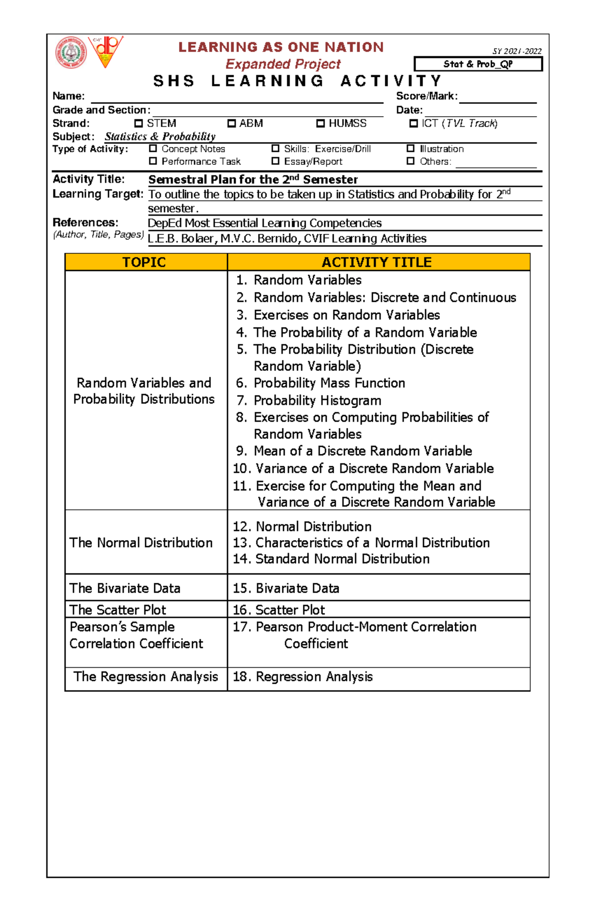 LAS 00 Statistics and Probability Semestral Plan - ... LEARNING AS ONE ...