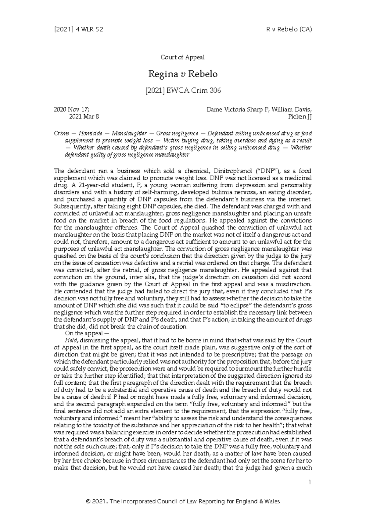 Regina v Rebelo: Appeal on Gross Negligence Manslaughter [2021] EWCA ...
