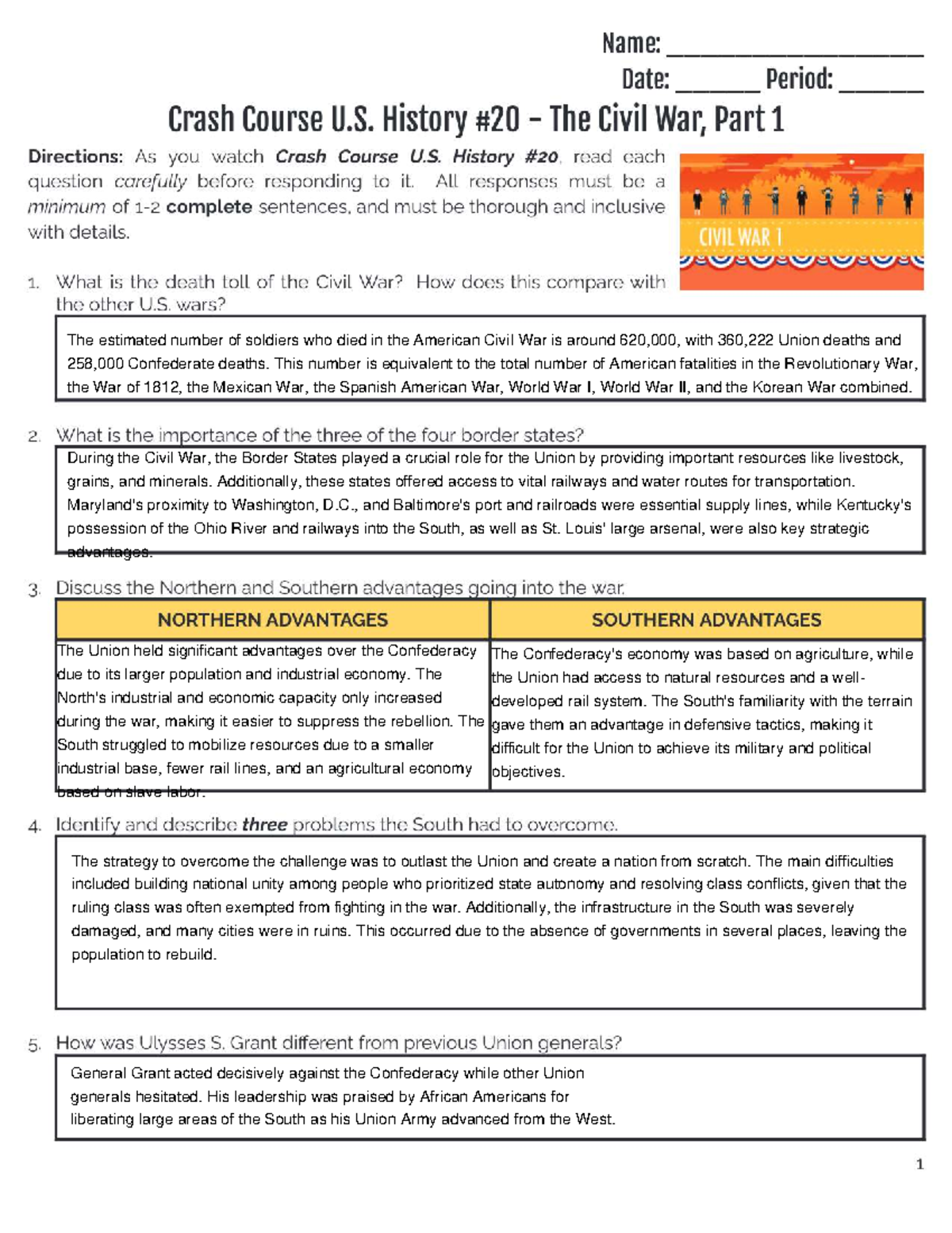 Crash Course U.S. History (20): The Civil War, Part 1 Study Guide - Studocu