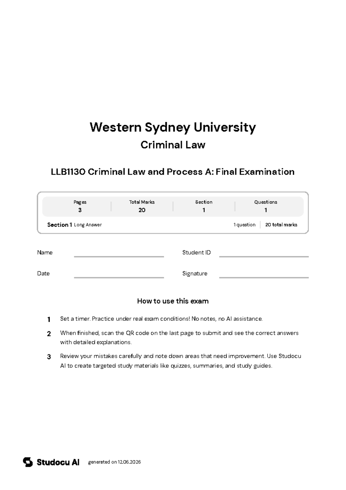 LLB1130 Criminal Law and Process A: Final Exam - Studocu
