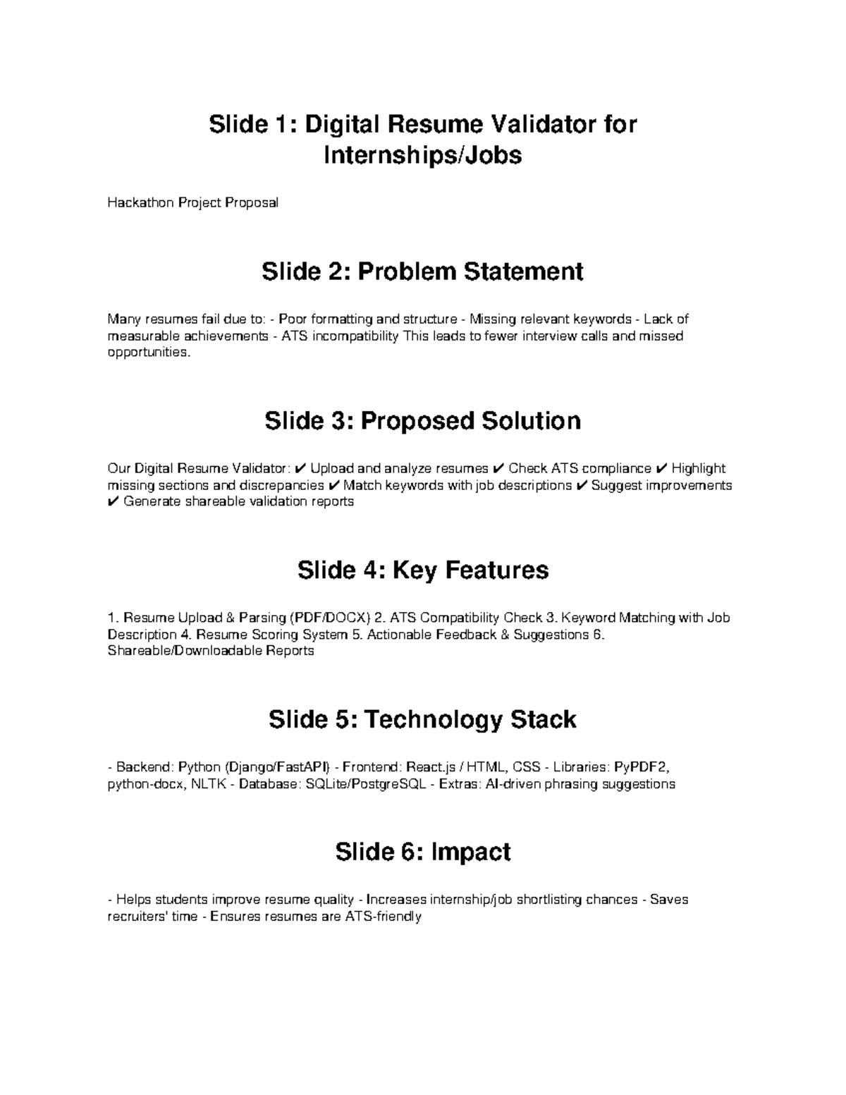 Digital Resume Validator Pitch for Hackathon Project Proposal - Studocu