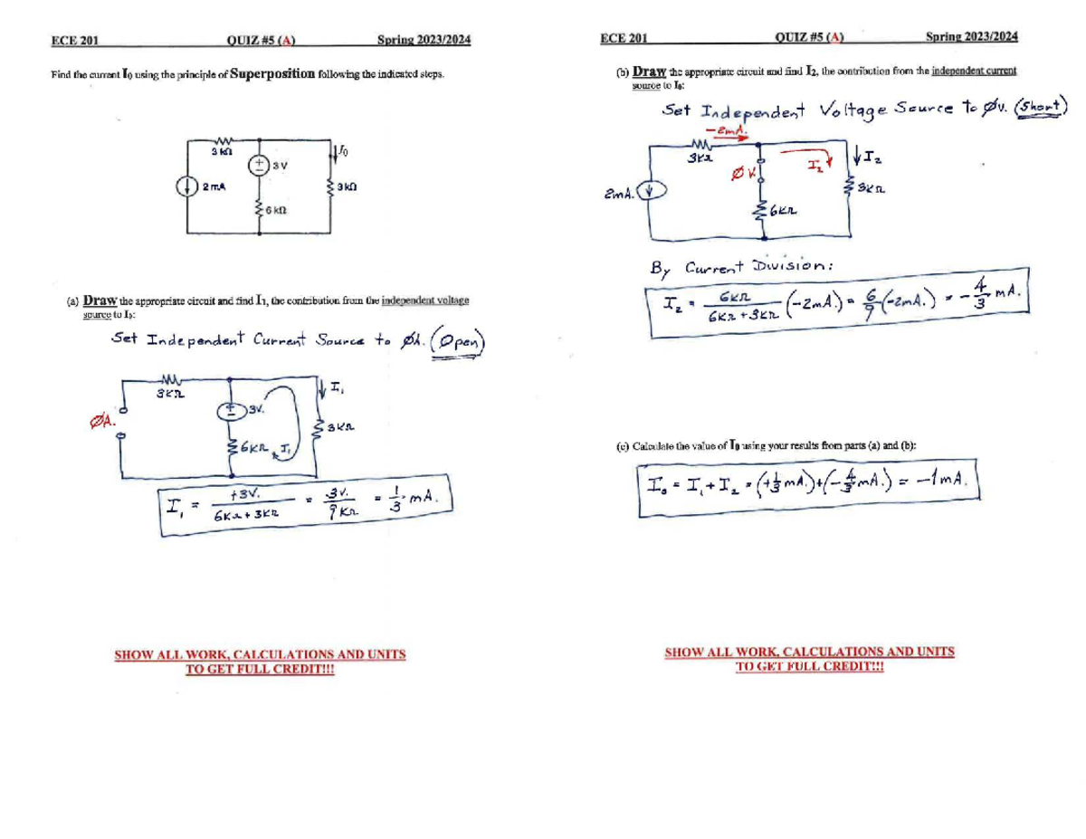 ECE 201 Quiz 5.pdf - Dr. Peters Winter 2025 - ECE 201 QUIZ #5 (A) 2023 Find the current I using ...