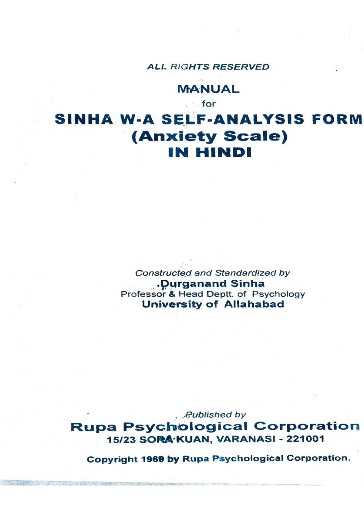Manual for Sinha W-A Self-Analysis Form: An Anxiety Scale Study - Studocu