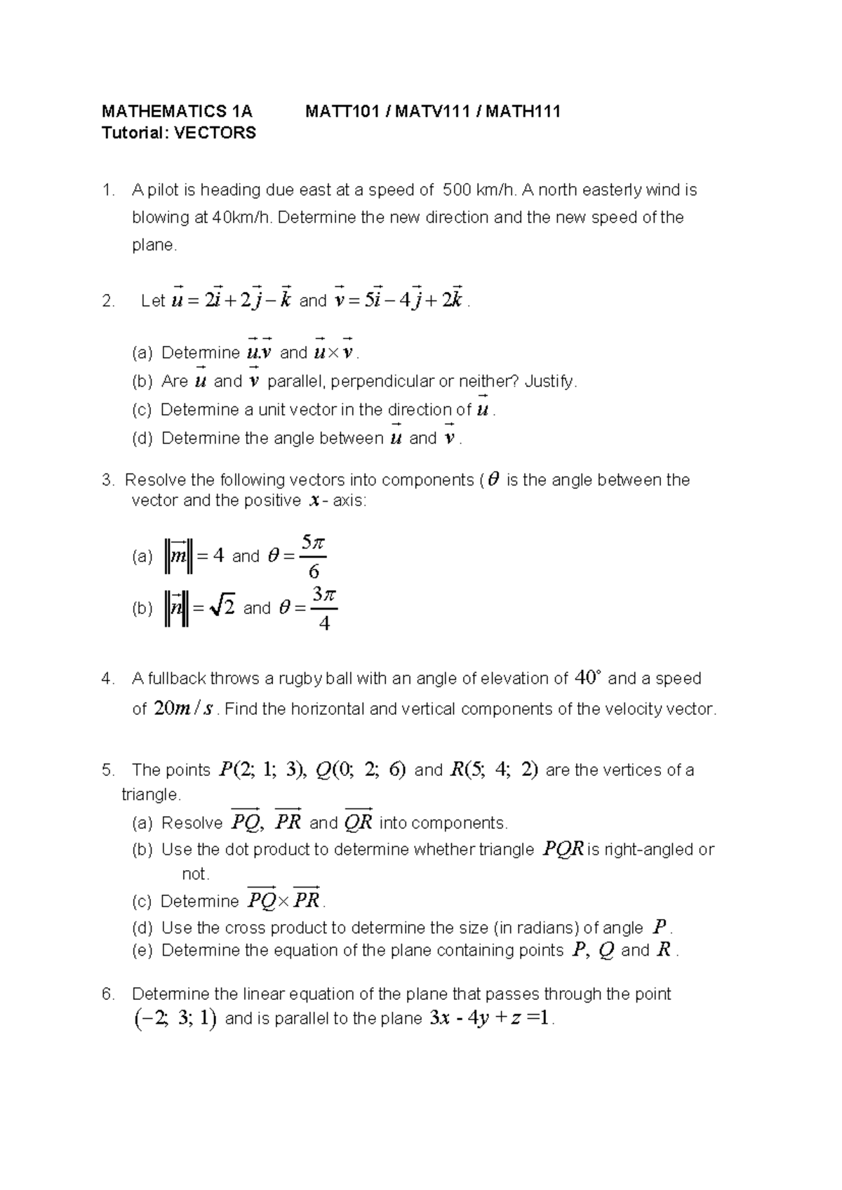 MATH1A Tutorial: Vectors Analysis and Applications MATT101 - Studocu