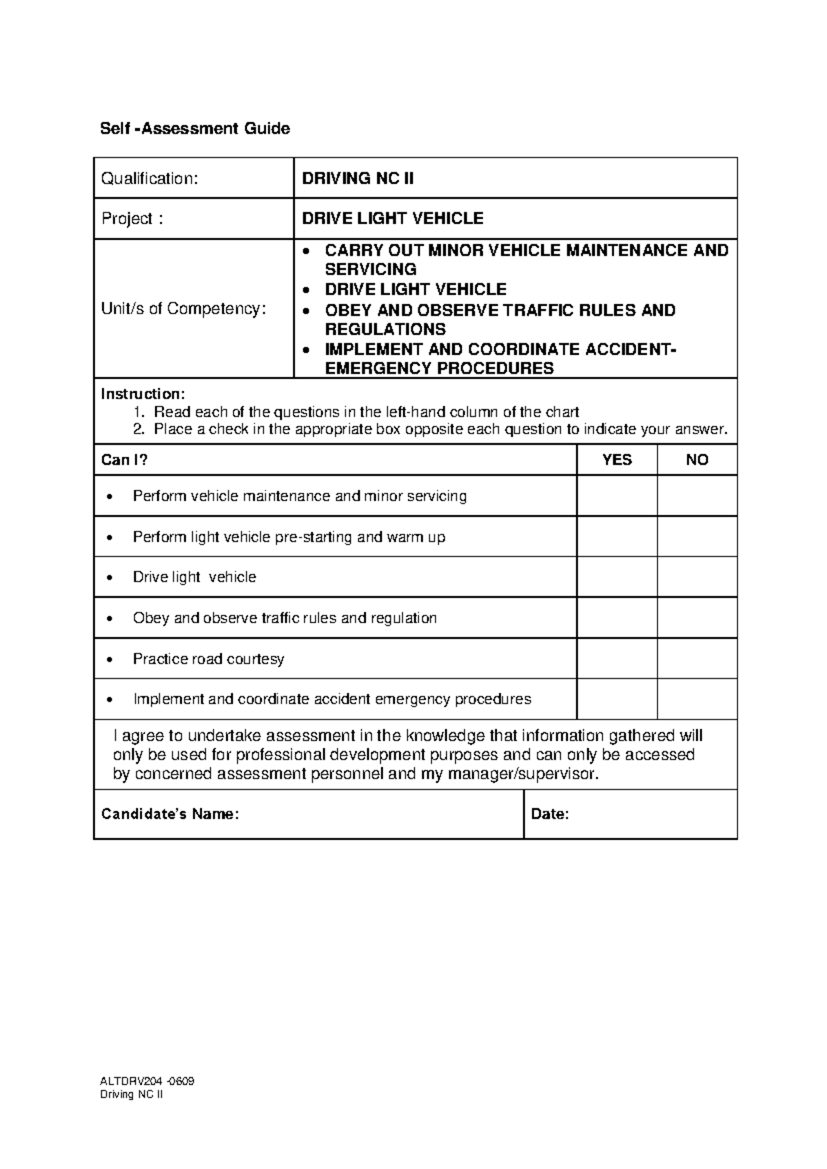 SAG - Driving NC II Self-Assessment Guide (ALTDRV204) - Studocu