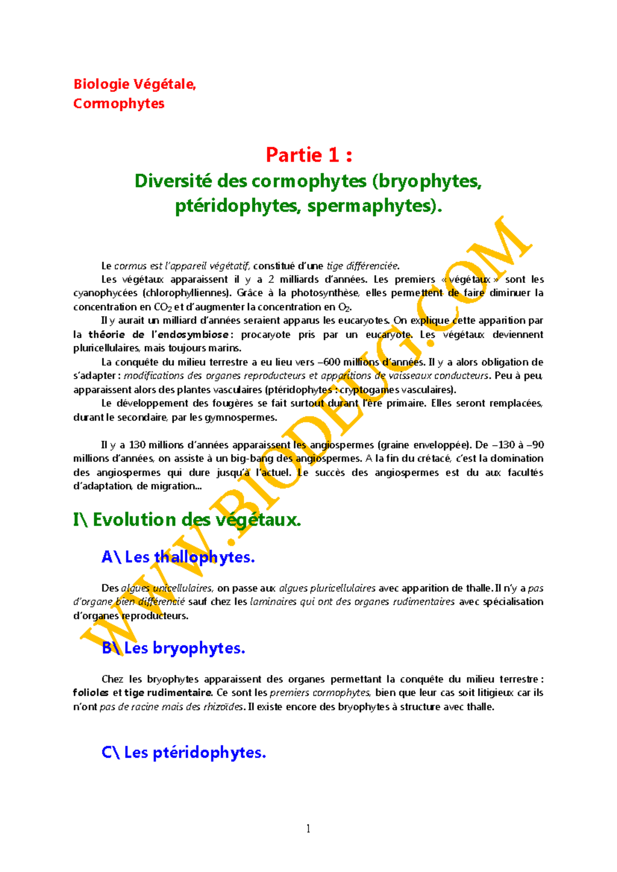 01 cormo chap1 - Biologie Végétale, Cormophytes Partie 1 : Diversité ...