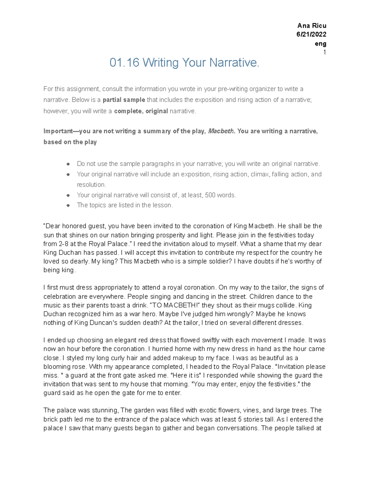ENG 1: Writing Your Narrative Based on Macbeth's Coronation - Studocu