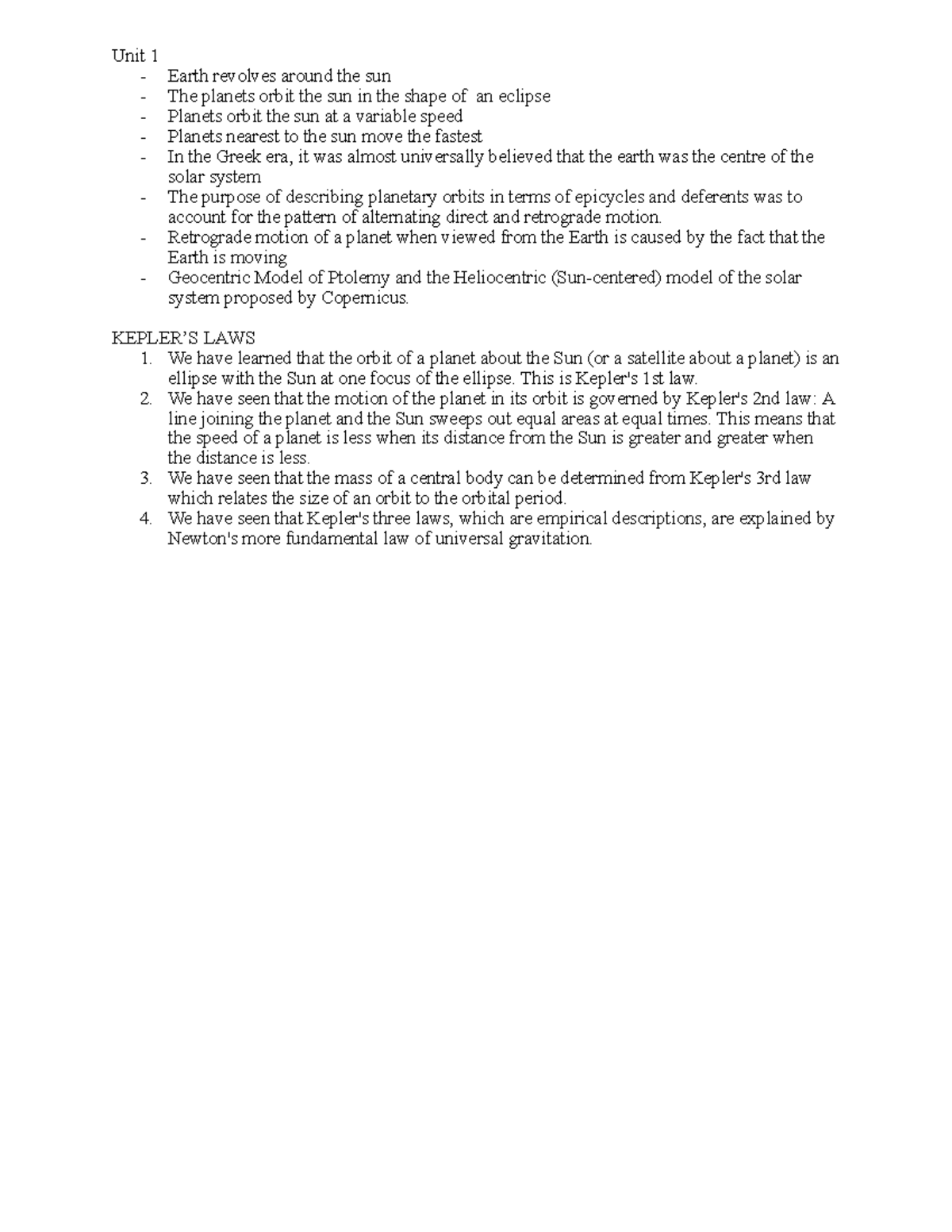 PHYS1600 - Unit 1: Planetary Orbits and Laws of Motion - Studocu