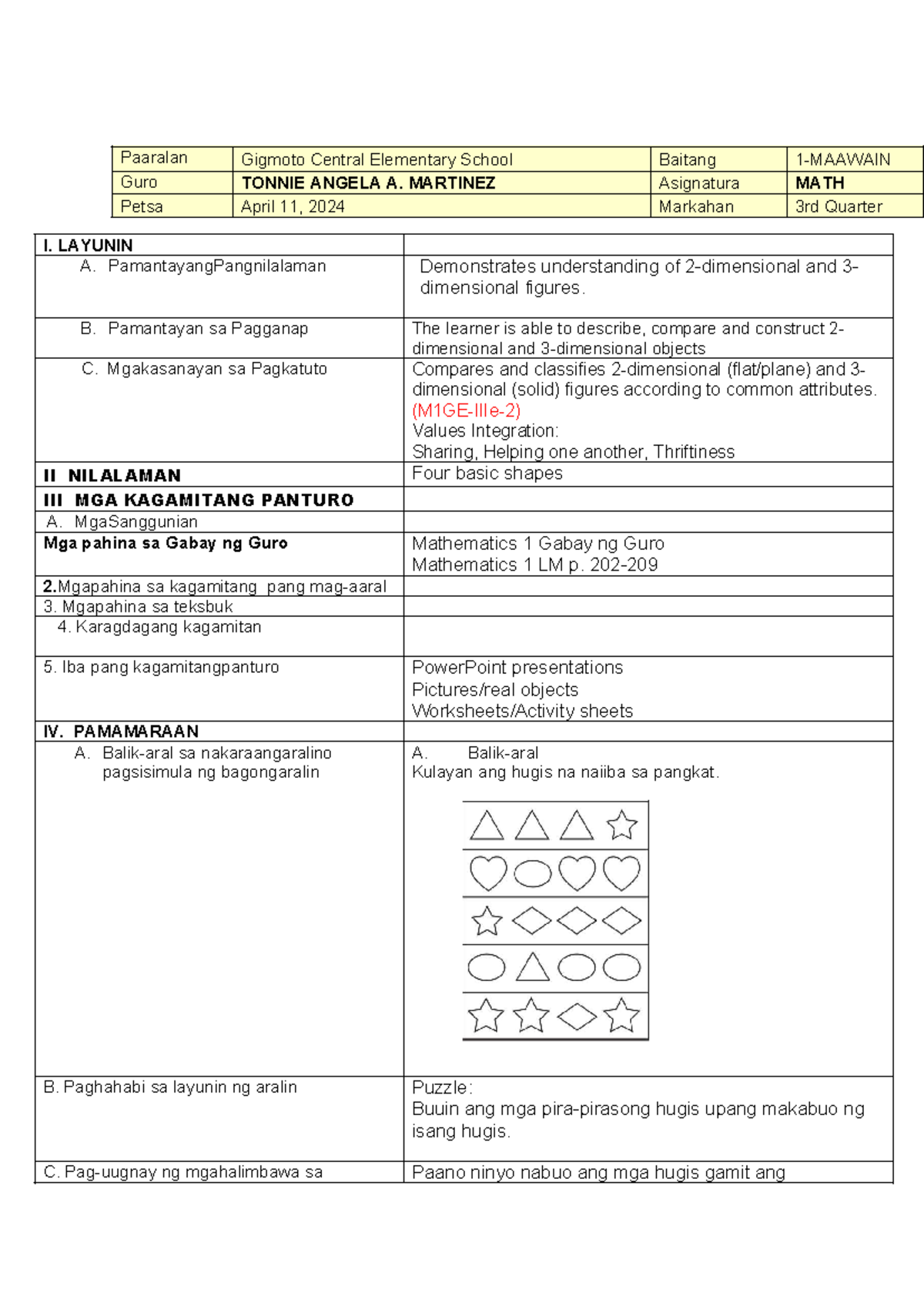 COT G1 3rd Quarter Math Lesson Plan - Studocu