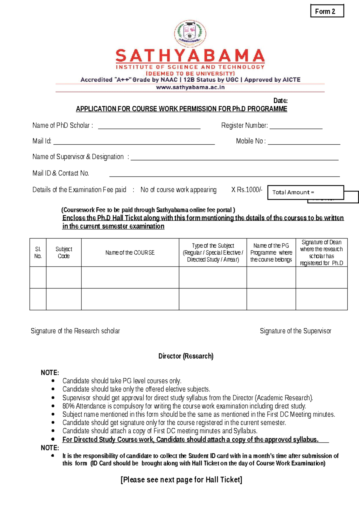 Application for Course Work Permission - Ph.D Programme (Form 2) - Studocu