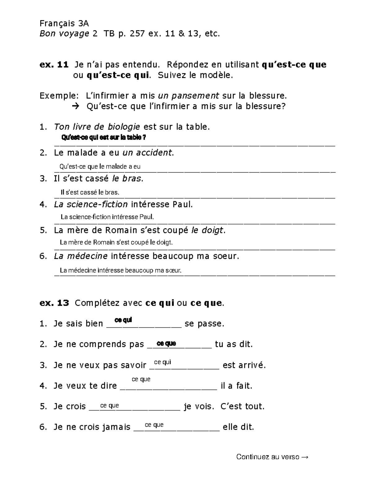 Français 3A Bon voyage 2 TB p. 257 Ex. 11 & 13 Réponses 2023 - Studocu