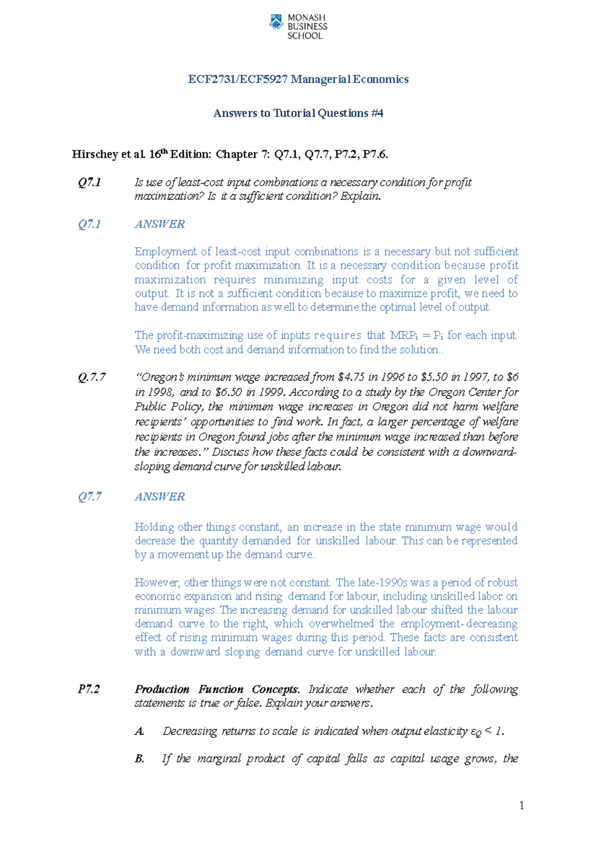 Answers to Tutorial questions #4 Production analysis - ECF2731/ECF5927 ...