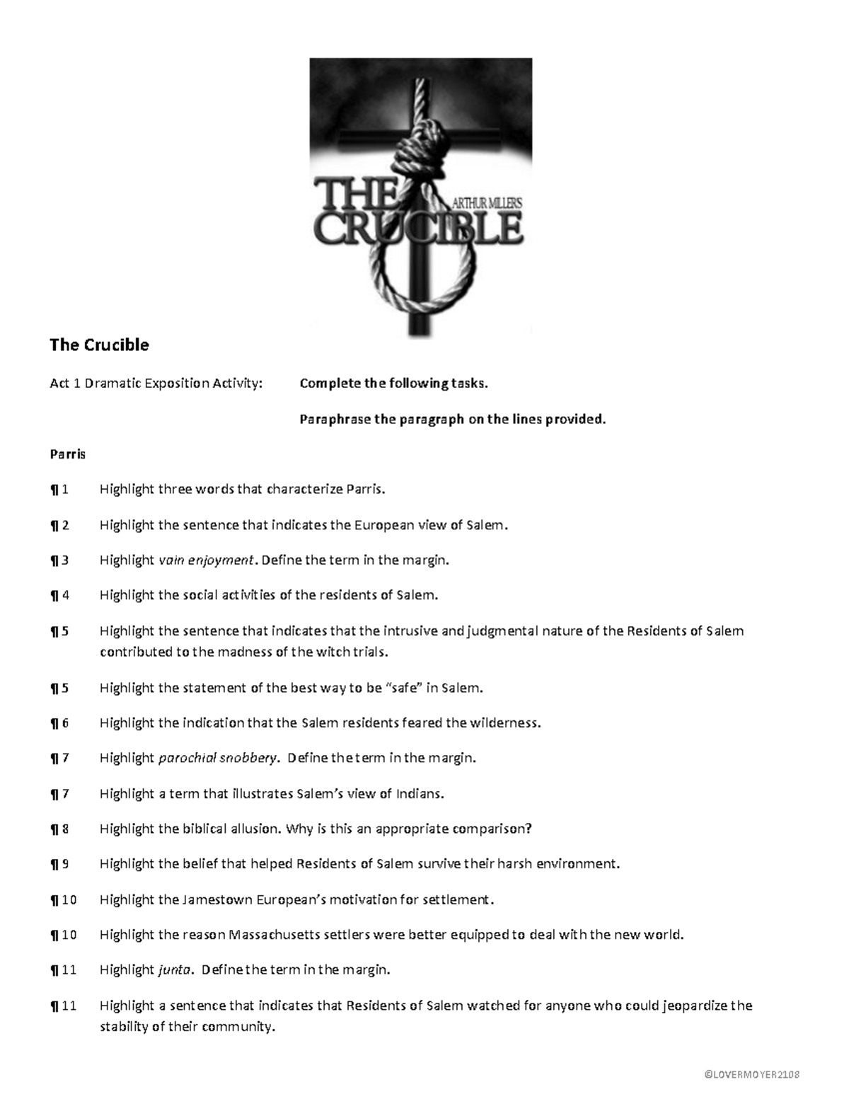 The Crucible (ENG101) Act 1 Close Reading Tasks & Analysis - Studocu