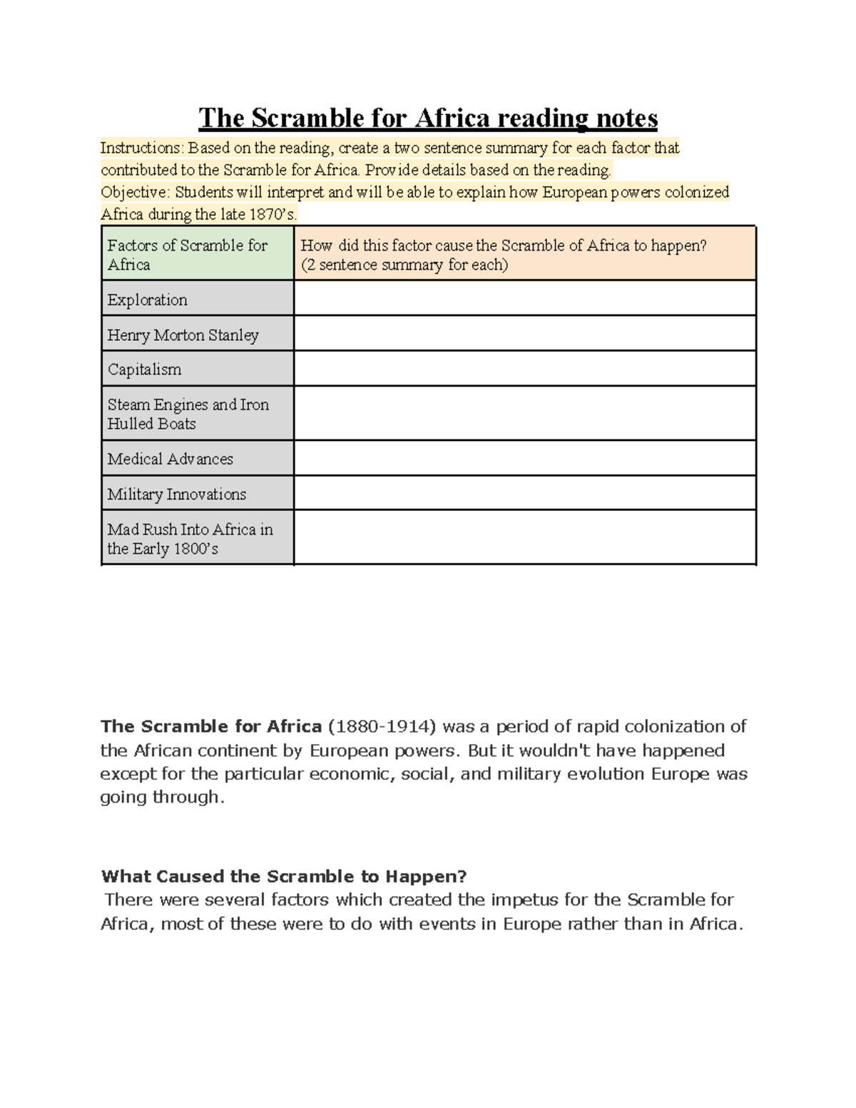 Factors Contributing to the Scramble for Africa: A Study Guide - Studocu