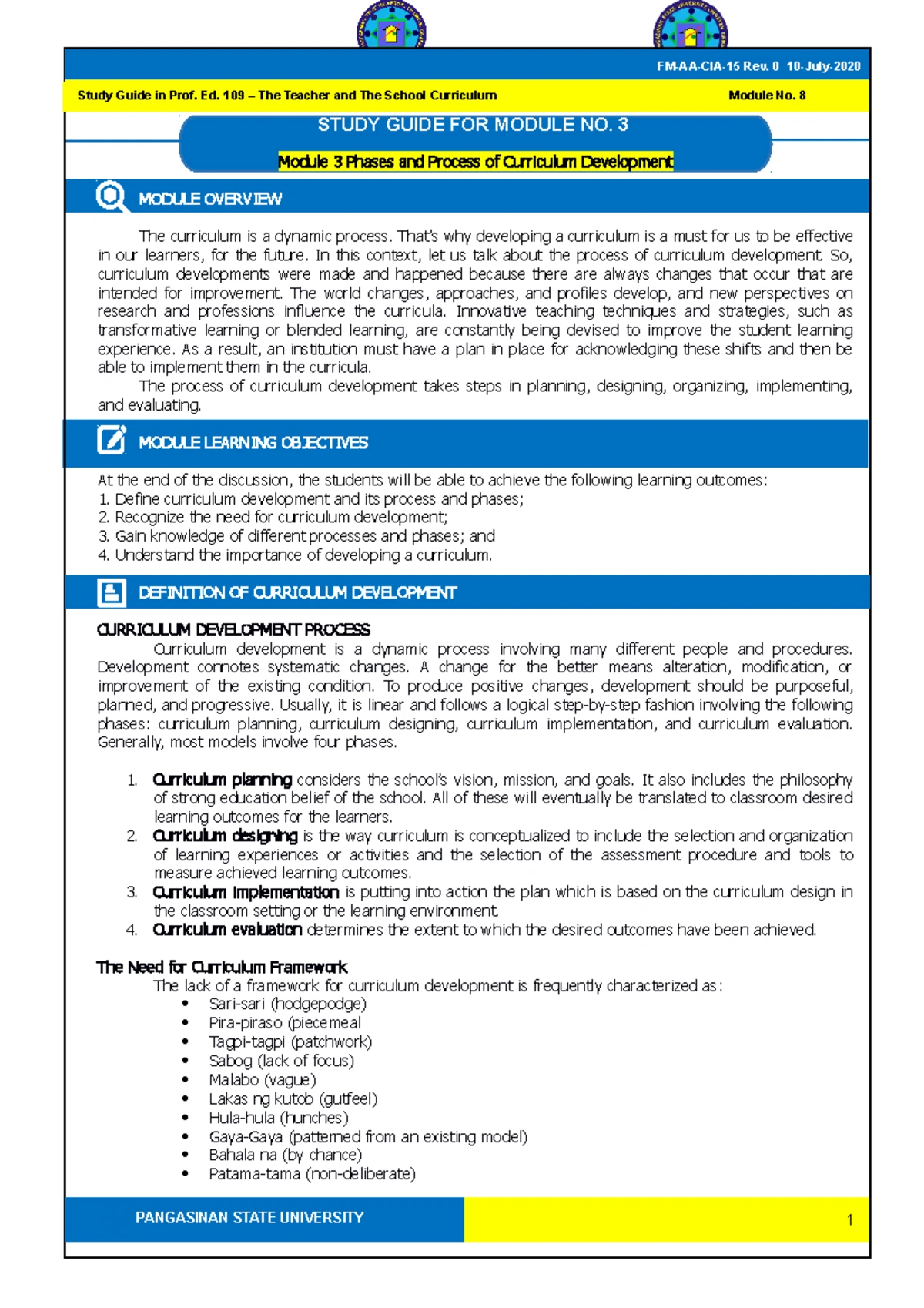 Prof. Ed. 109 Module 3 - Phases and Process of Curriculum Development - STUDY GUIDE FOR MODULE ...