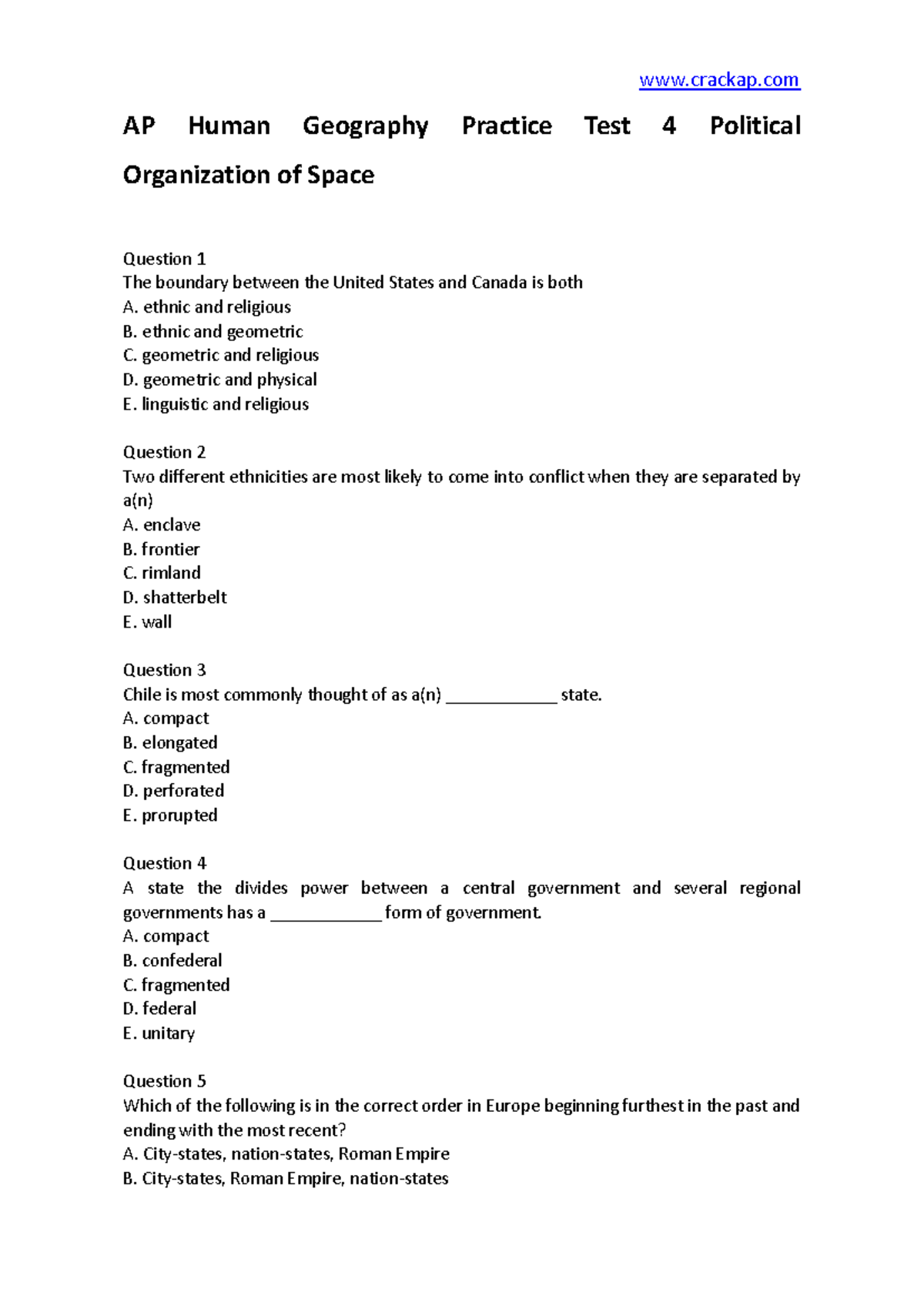 AP Human Geography Practice Test 4 Political Organization of Space ...