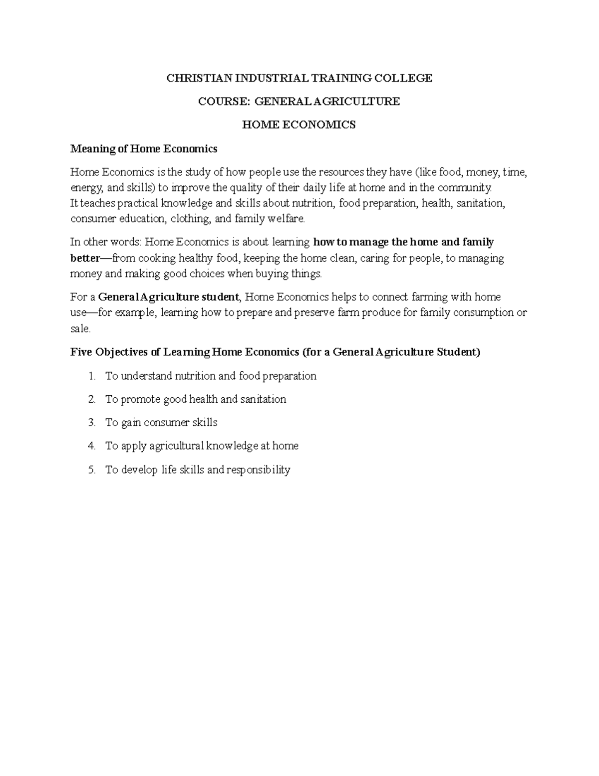 HOME ECONOMICS NOTES FOR GENERAL AGRICULTURE STUDENTS - Studocu
