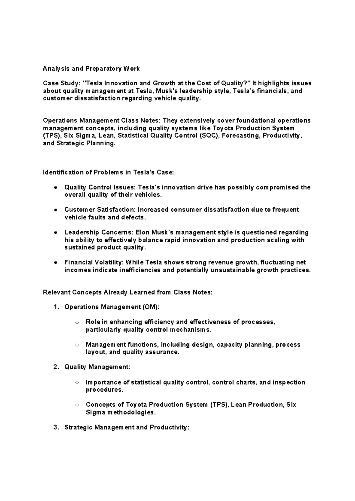 OPMT 620: Case Study on Tesla's Quality Management Challenges and ...