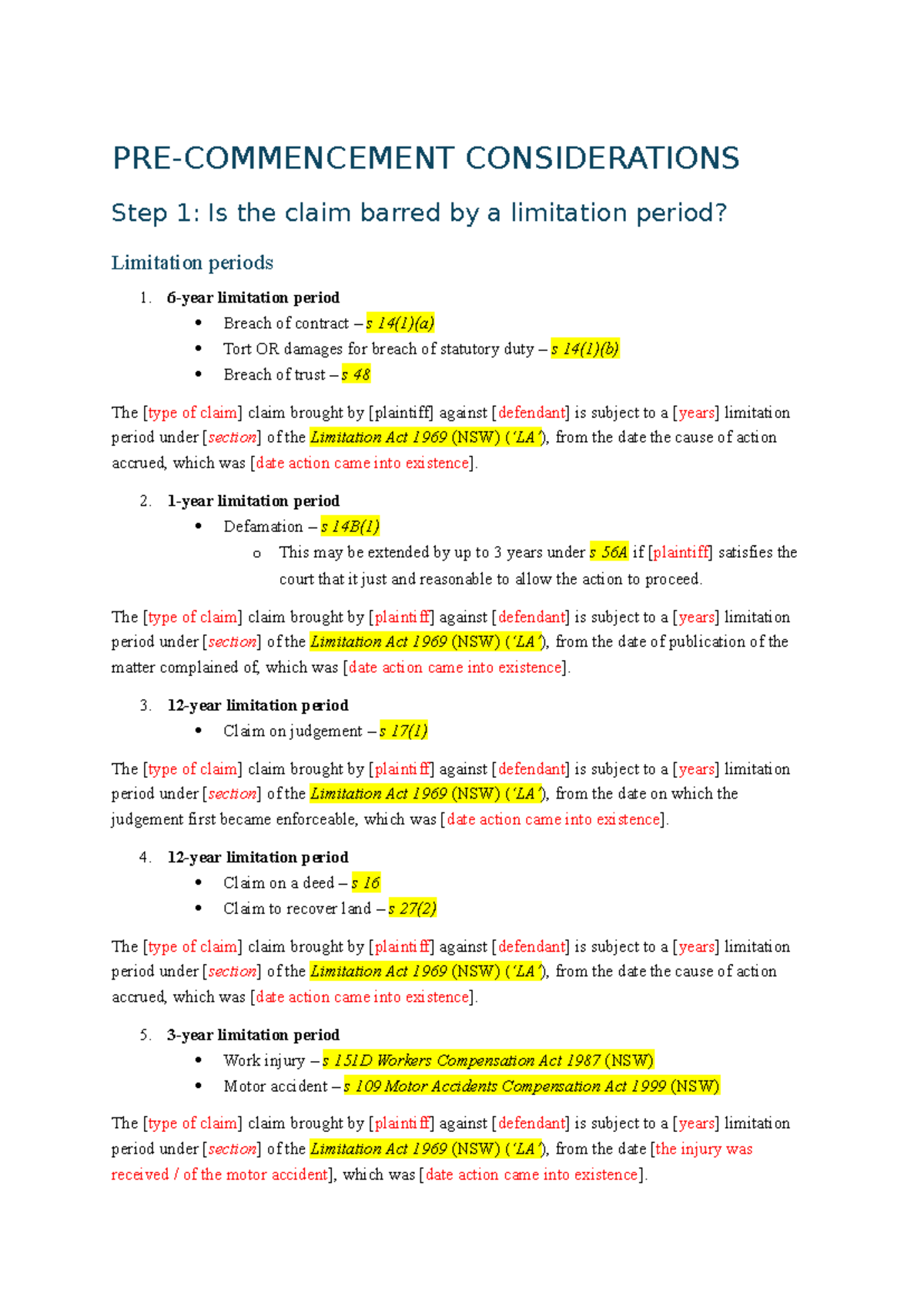 Pre-Commencement Considerations for Legal Claims - LAWS2371 - Studocu