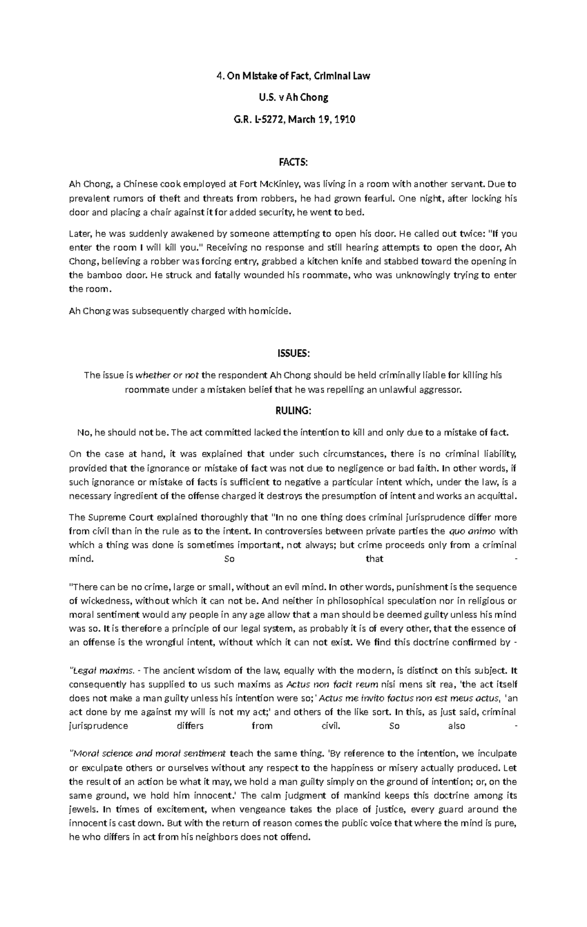 G.R. L-5272 US v. Ah Chong Case Digest: Mistake of Fact in Homicide ...
