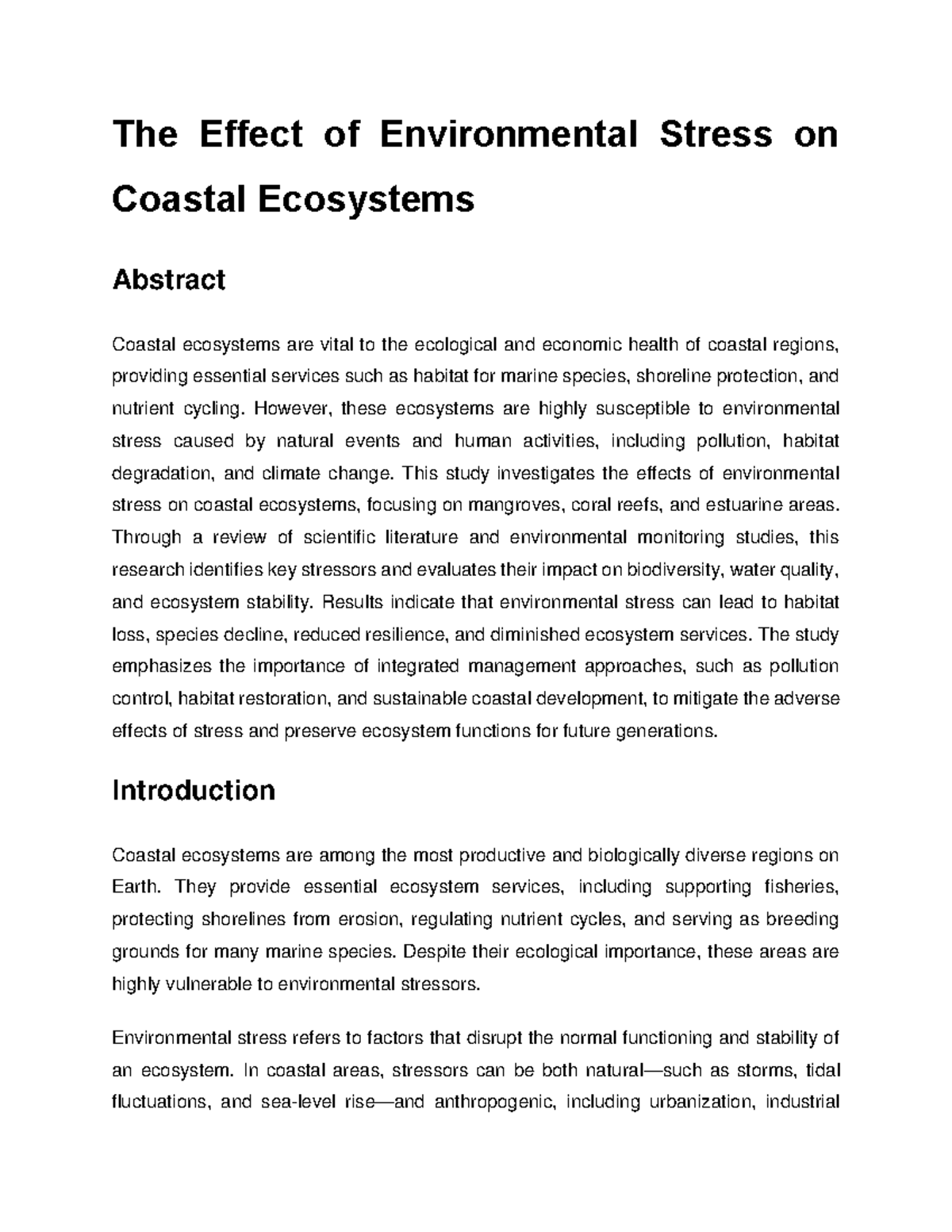 The Impact of Environmental Stress on Coastal Ecosystems: A Study - Studocu